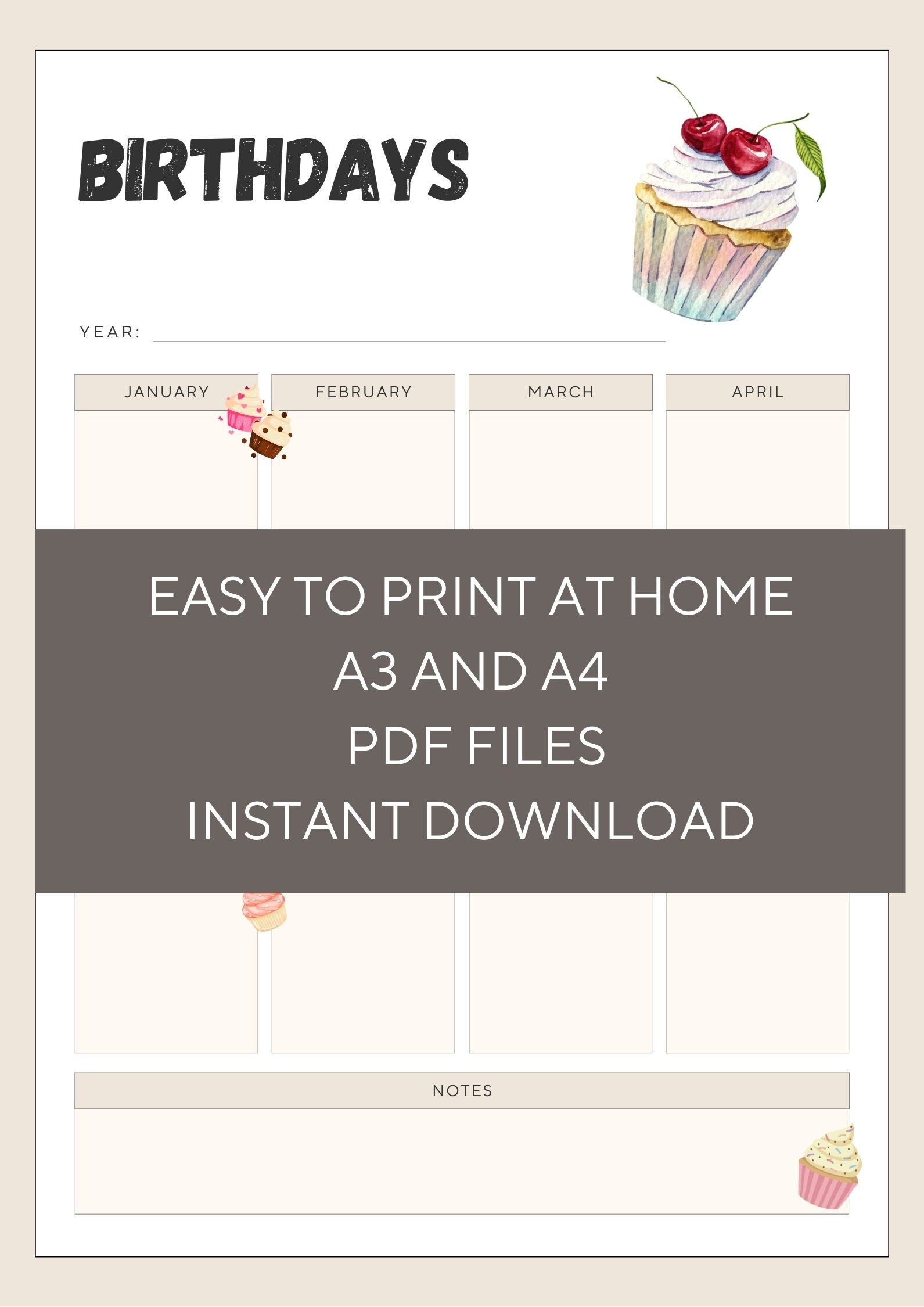 Printable Birthday Tracker Calendar A3 and A4 PDF Files, JPG File ...