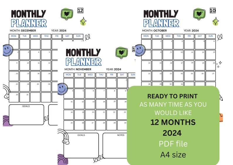 Printable Playful 2024 Calendar Planner, Monthly Calendar, 2024 Monthly ...