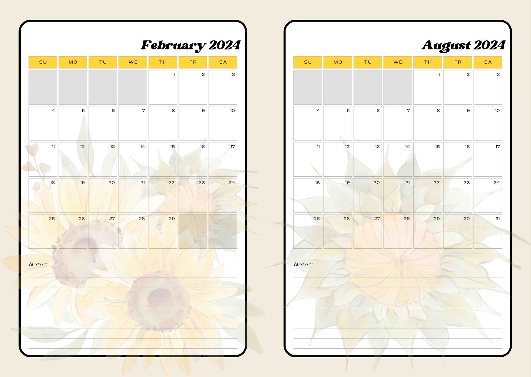 Printable 2024 Teacher Planner Calendar, Sunflower Motive, 2024 Monthly ...