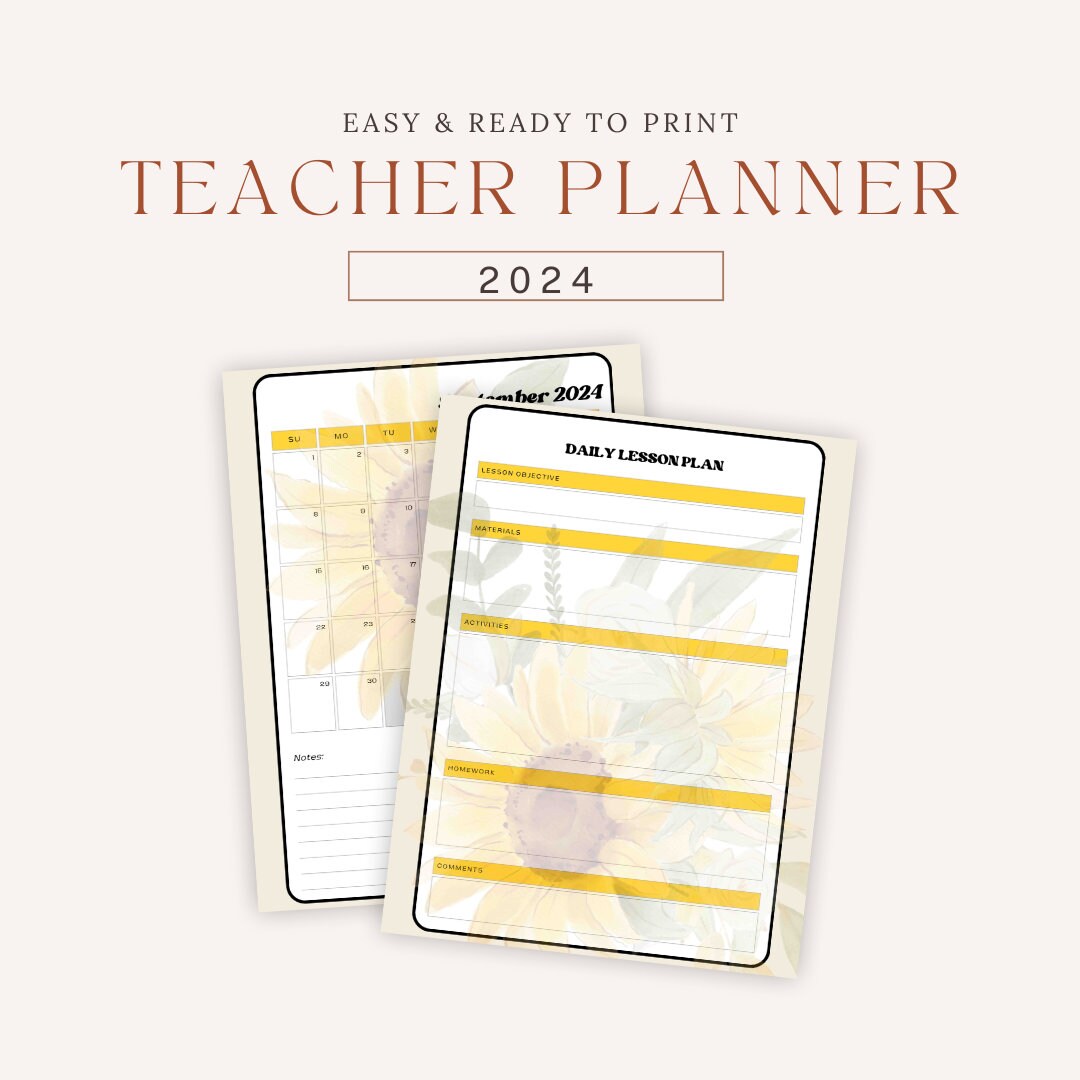 Printable 2024 Teacher Planner Calendar, Sunflower Motive, 2024 Monthly ...
