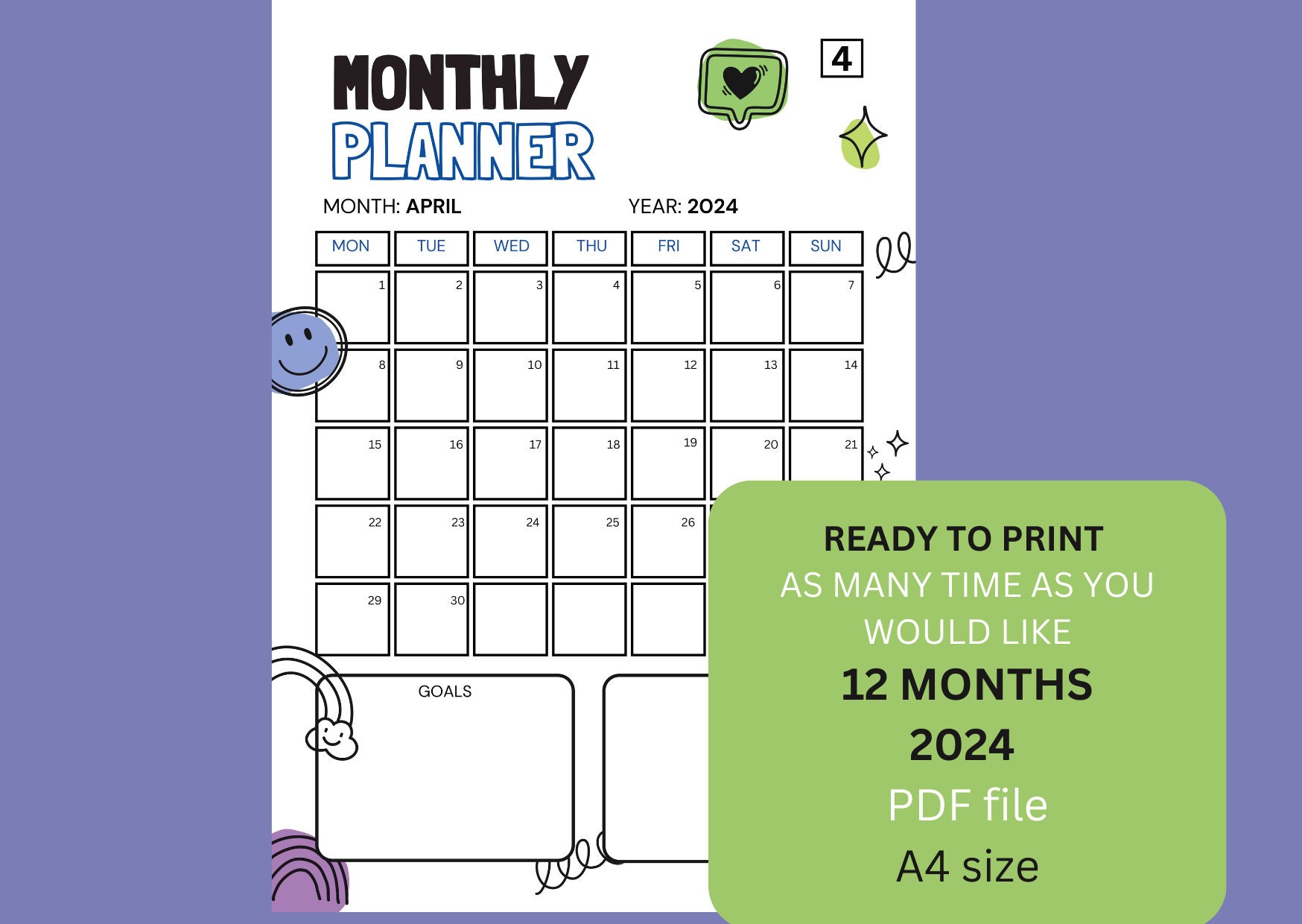 Printable Playful 2024 Calendar Planner, Monthly Calendar, 2024 Monthly ...