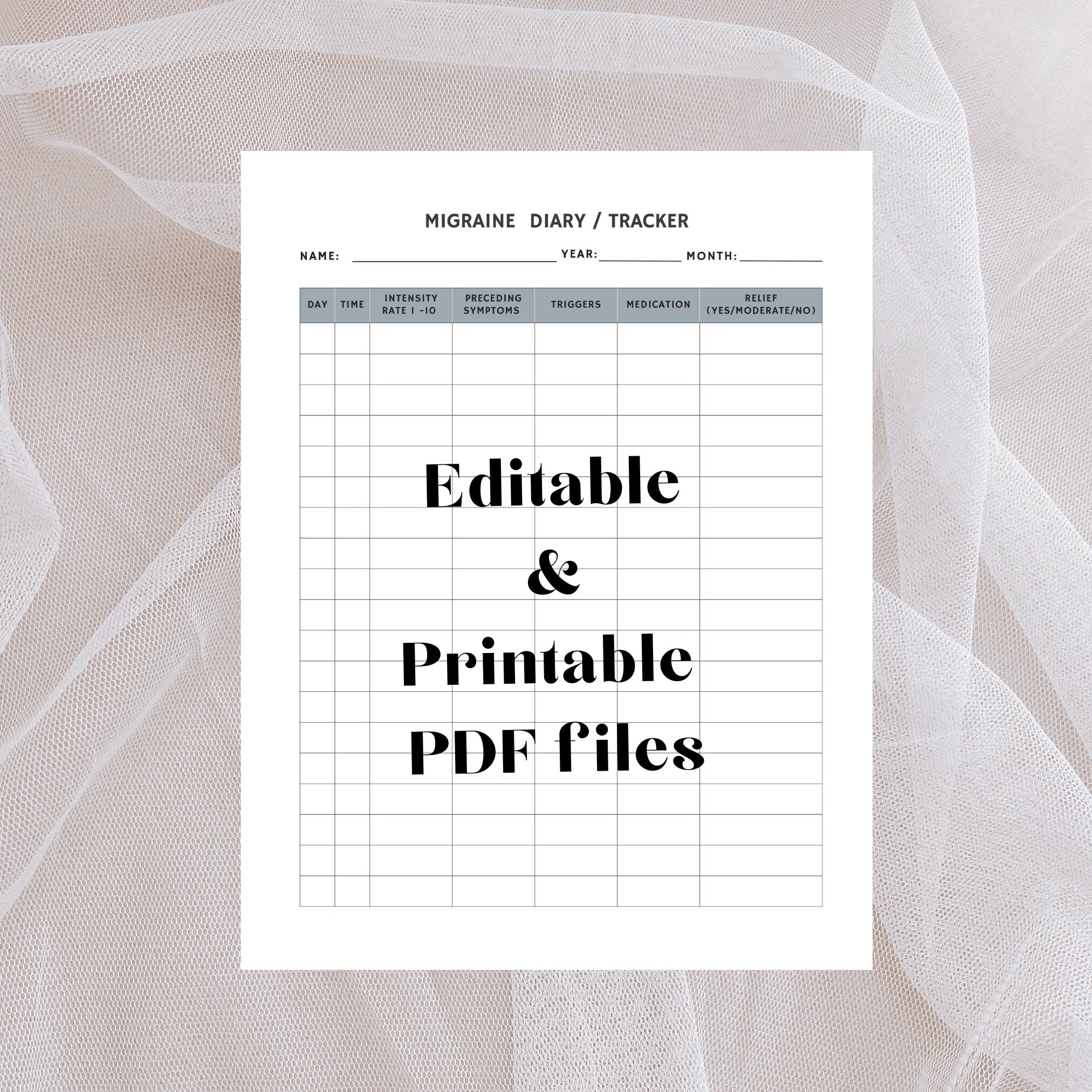 Printable and Fillable Migraine Headache Diary Tracker, Easy Editable ...