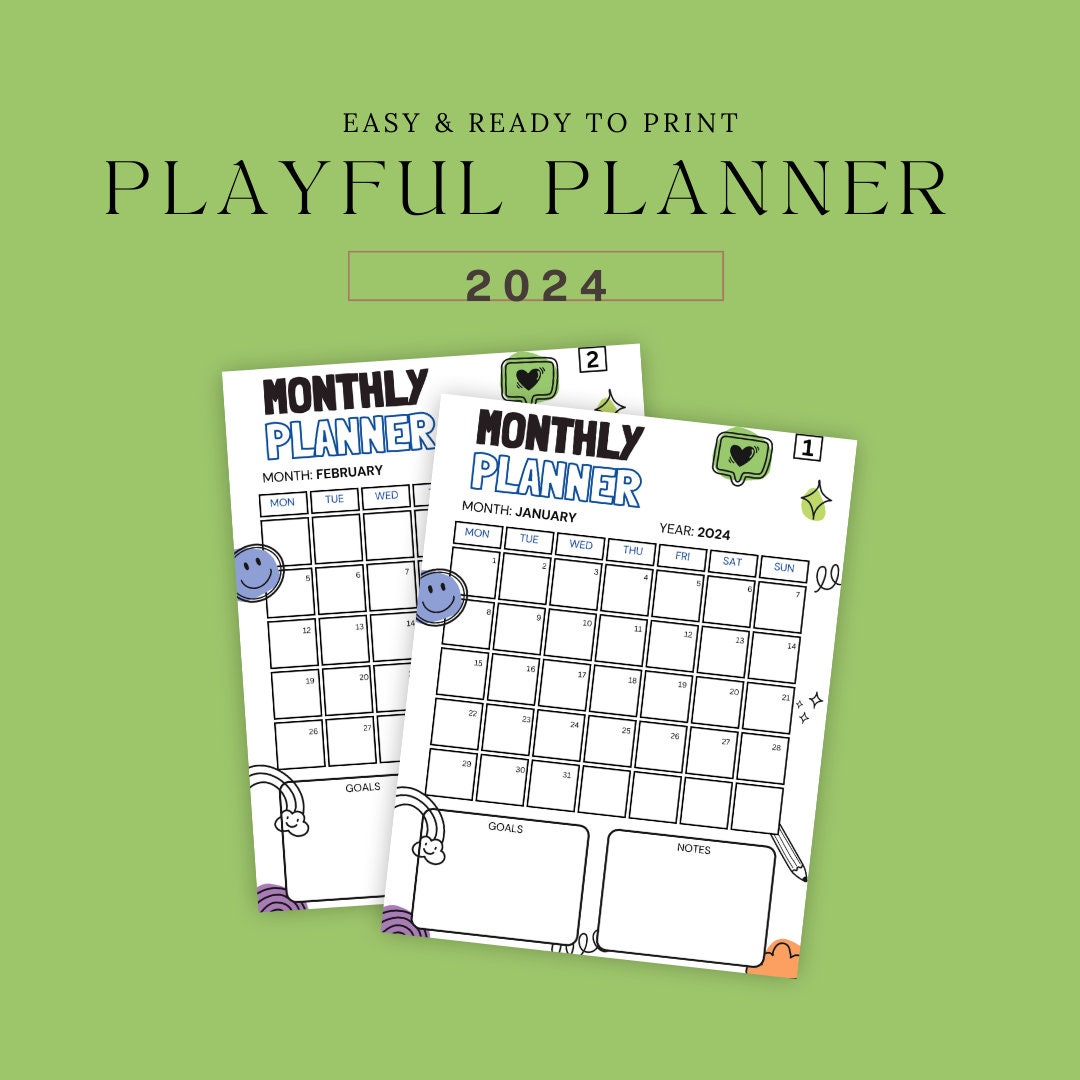 Printable Playful 2024 Calendar Planner, Monthly Calendar, 2024 Monthly ...