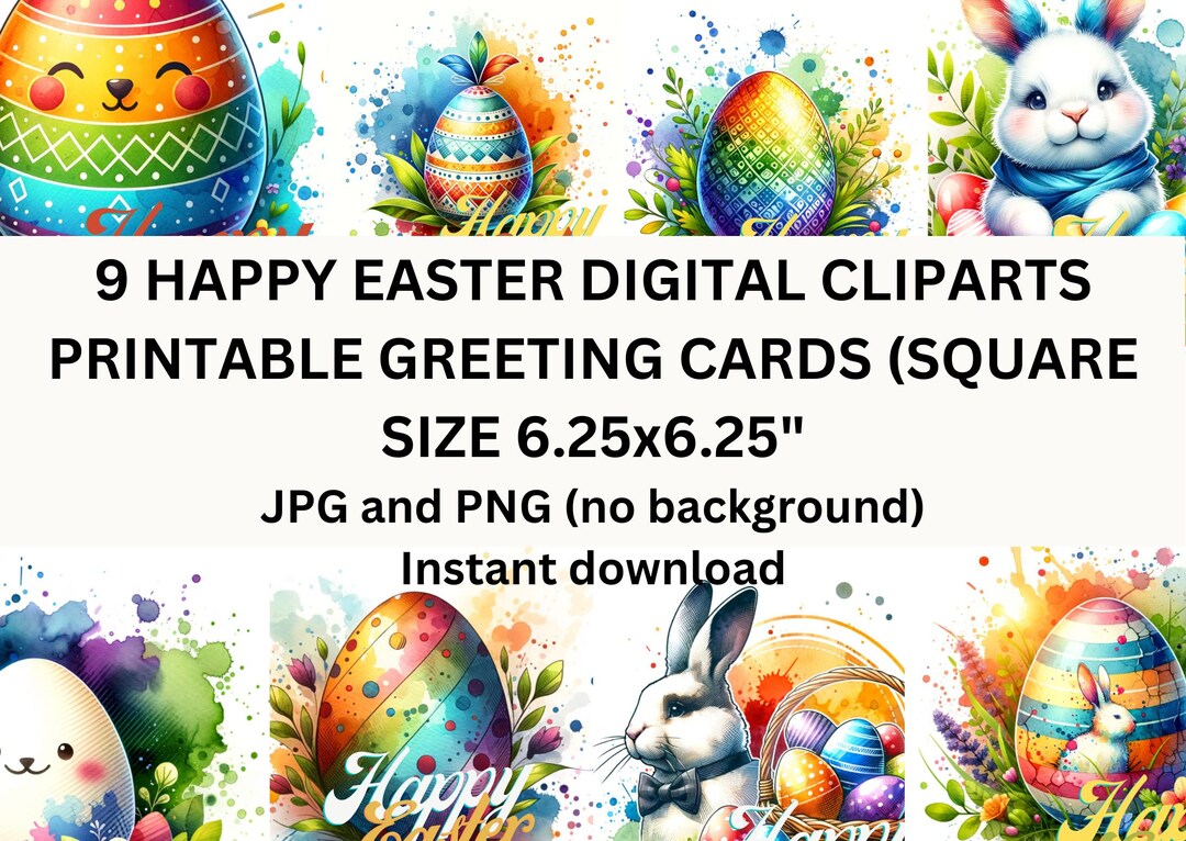 Happy Easter Digital Clipart, Printable Square Size Greeting Cards, PNG ...