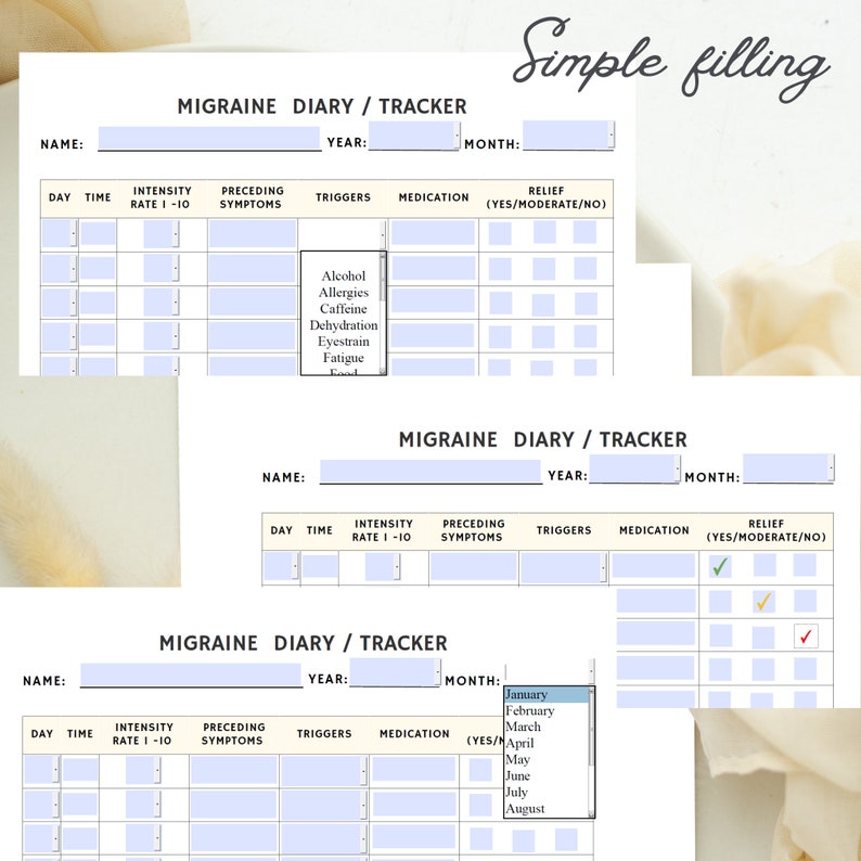 Printable and Fillable Migraine Headache Diary Tracker, Easy Editable ...
