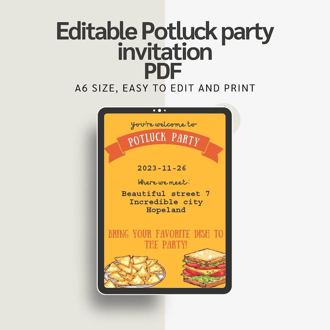 Editable Potluck Party Invitation Also Printable, Easy Editable, PDF ...