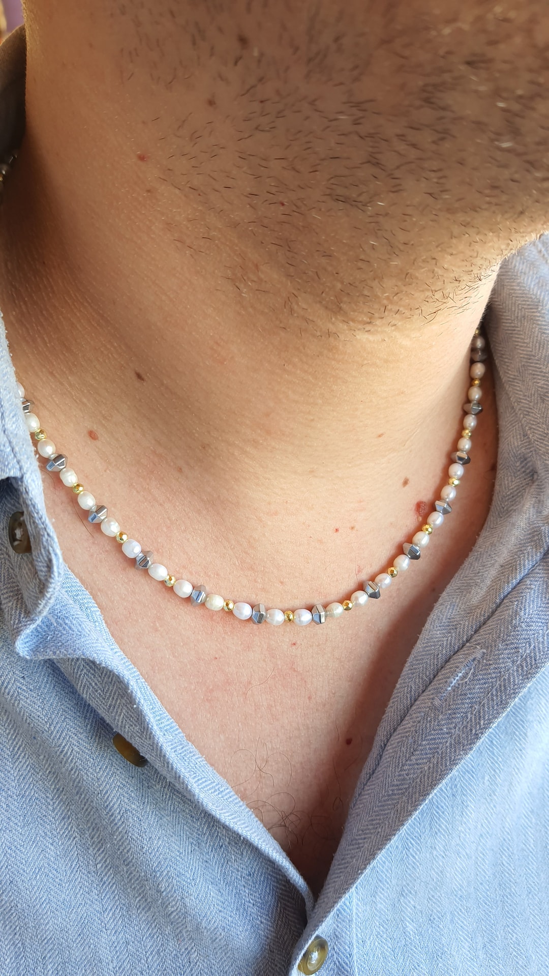 Mens Pearl Necklace With Gold Hematite, Pearl Necklace Men, Real Pearl ...