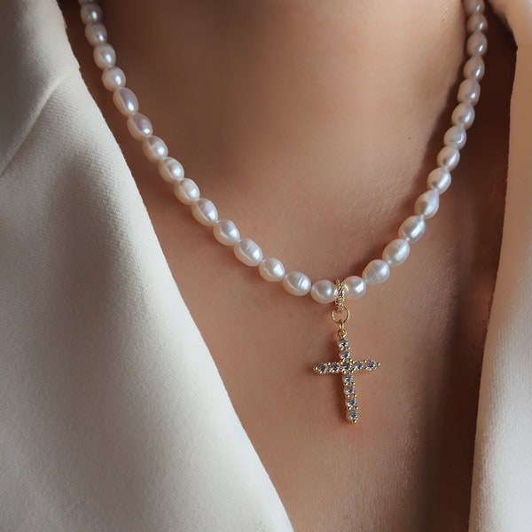 Pearl Cross Necklace - Etsy