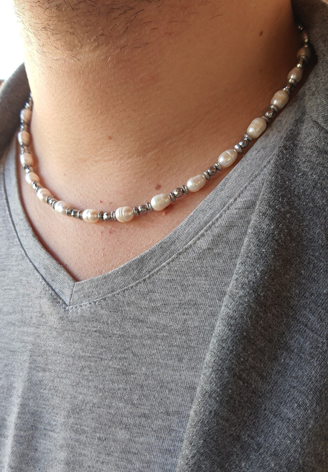 Men's Pearl Necklace With Hematite: Freshwater Pearl Jewelry - Etsy