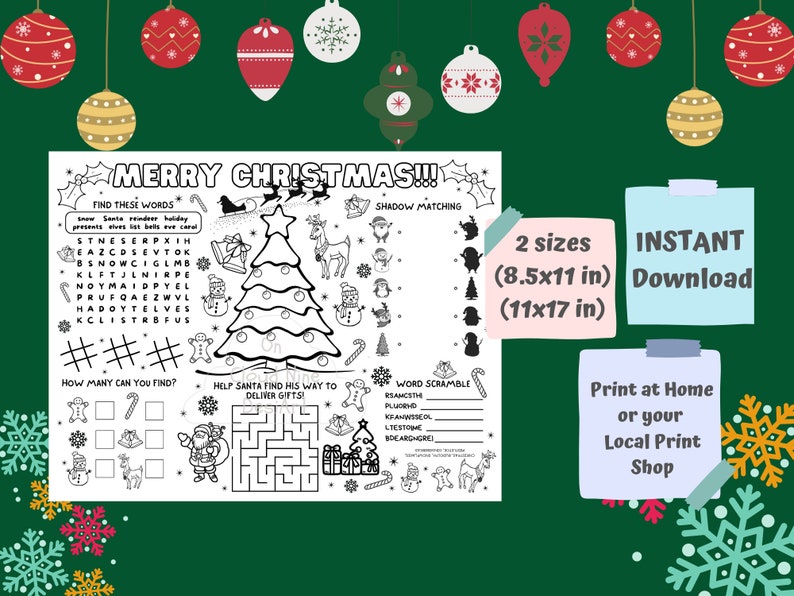 Kids Christmas Activity Printable Placemat, Christmas Coloring Placemat ...