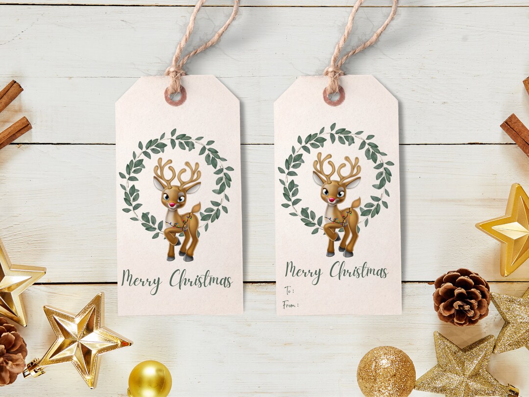 Christmas Wreath Gift Tag, Cute Reindeer Christmas Tag, Printable ...