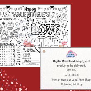 Valentine 's Placemat Kids, Printable Valentines Activity Mat ...