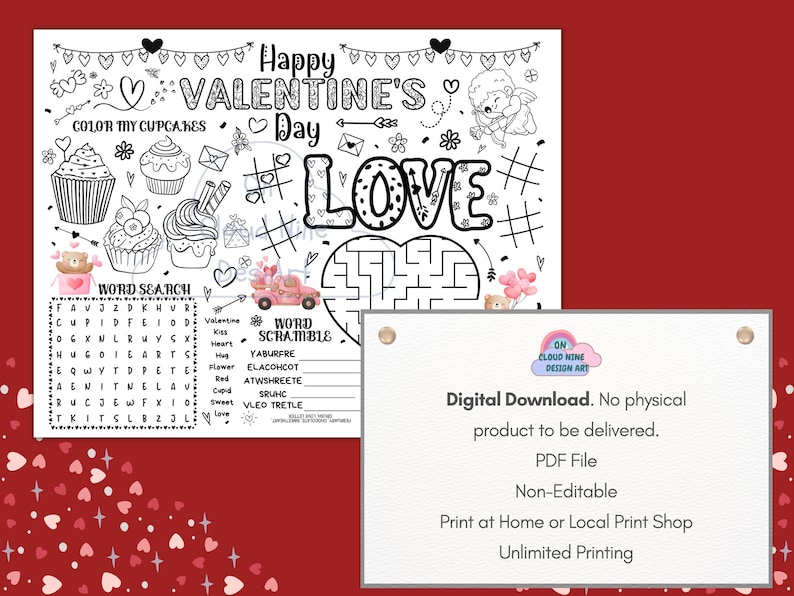 Valentine 's Placemat Kids, Printable Valentines Activity Mat ...