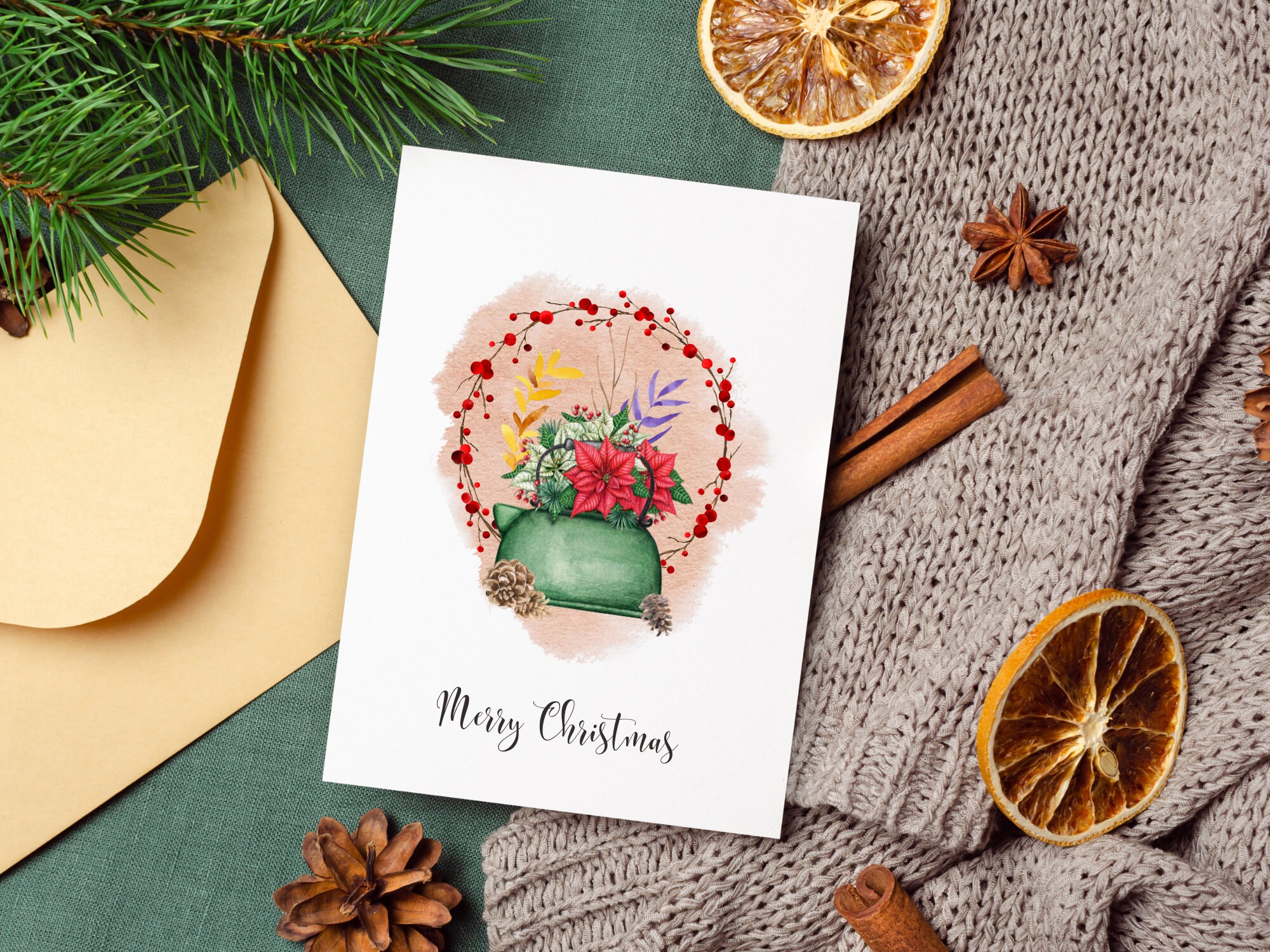 Watercolor Printable Christmas Card, Holiday Christmas Greeting Card ...