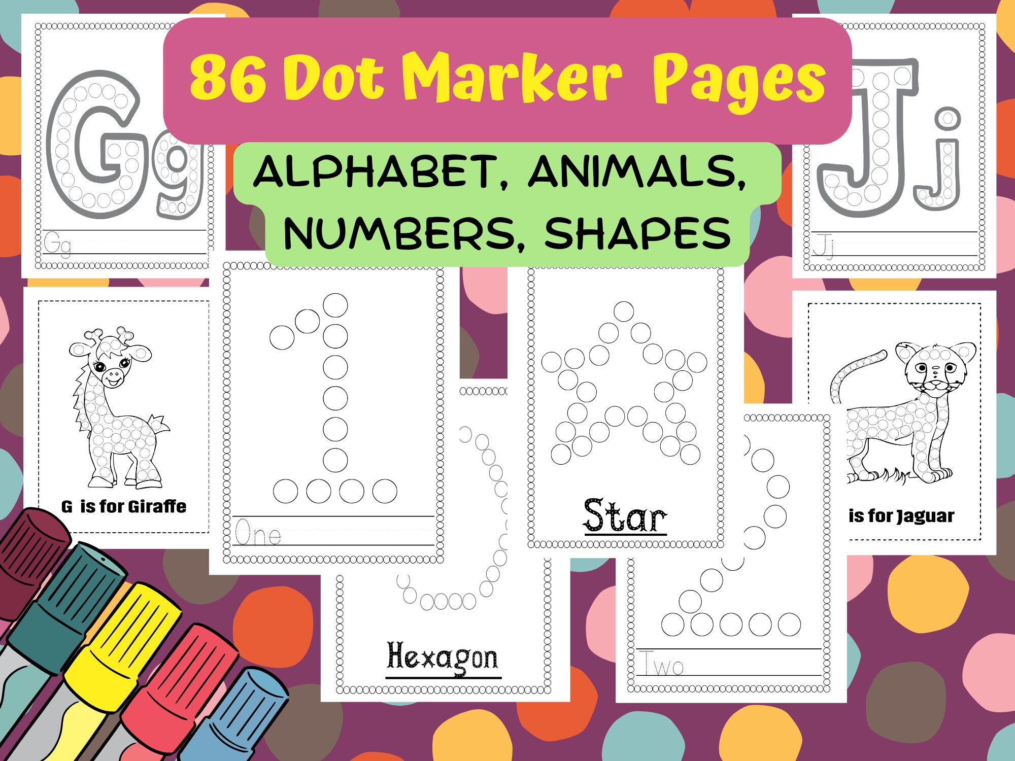 Animals Numbers Shapes Dot Marker Pages for Kids, Dot to Dot Coloring ...