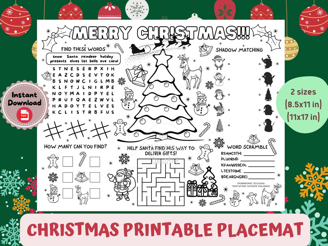 Kids Christmas Activity Printable Placemat, Christmas Coloring Placemat ...