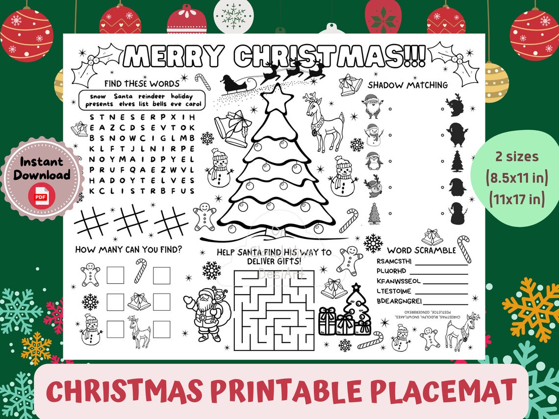 Kids Christmas Activity Printable Placemat, Christmas Coloring Placemat ...