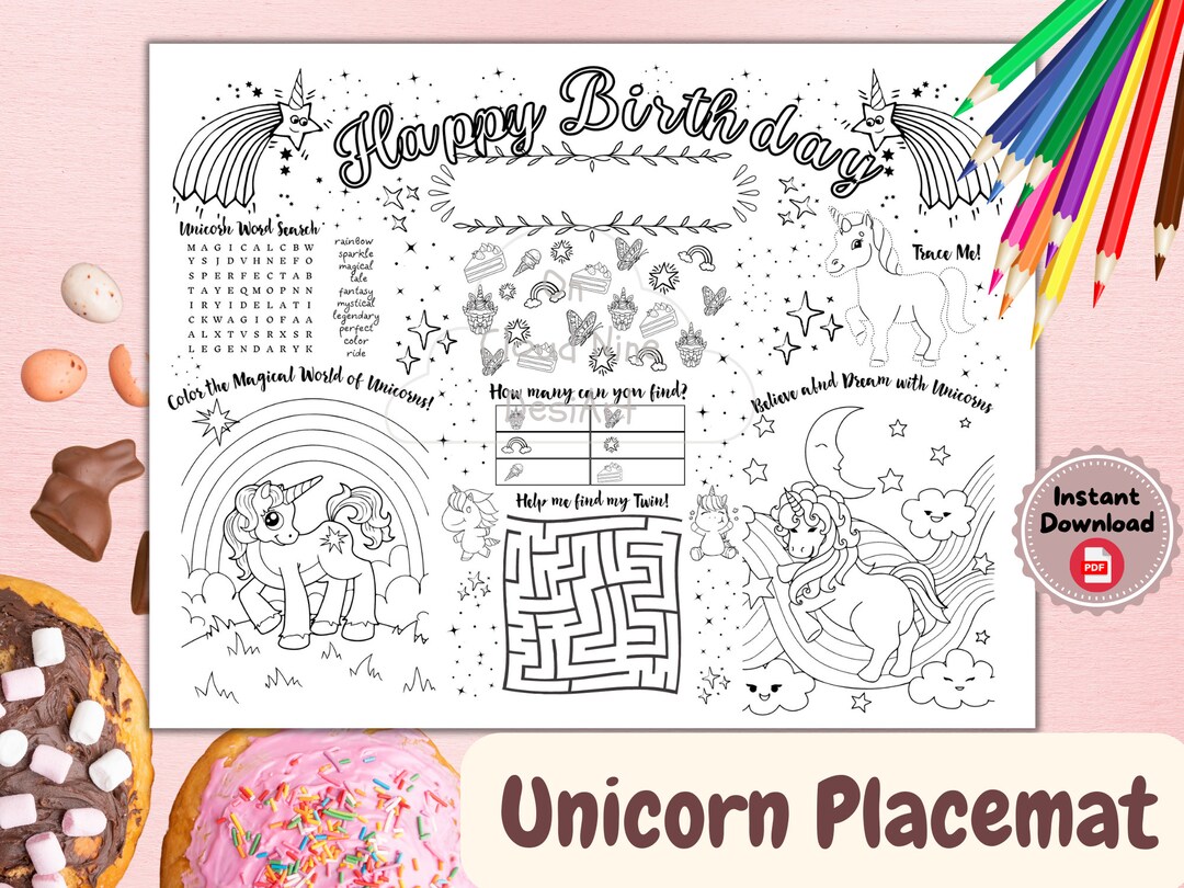 Unicorn Birthday Placemat, Activity Placemat Sheet, Unicorn Birthday ...