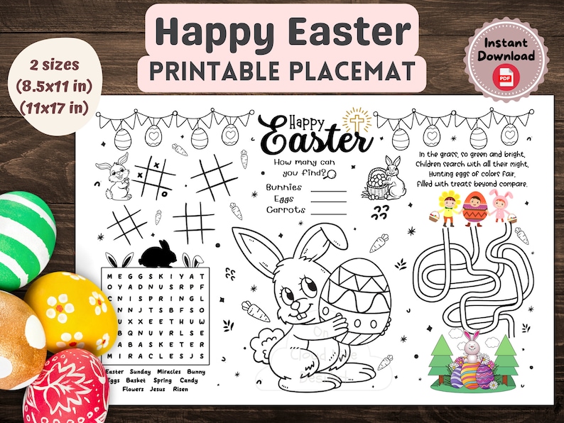 Easter Printable Placemat Kids, Easter Bunny Easter Egg Activity Sheet ...