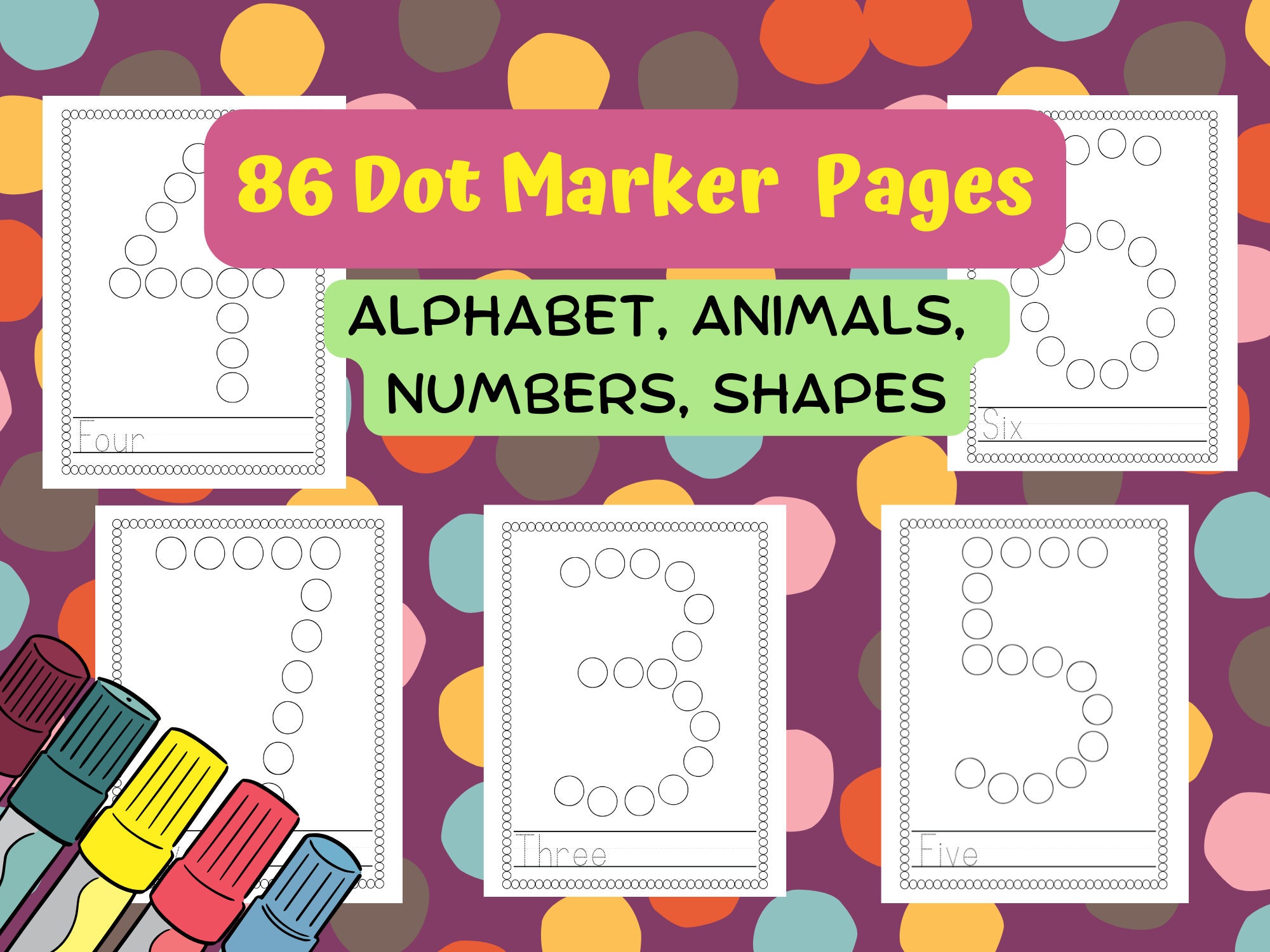 Animals Numbers Shapes Dot Marker Pages for Kids, Dot to Dot Coloring ...