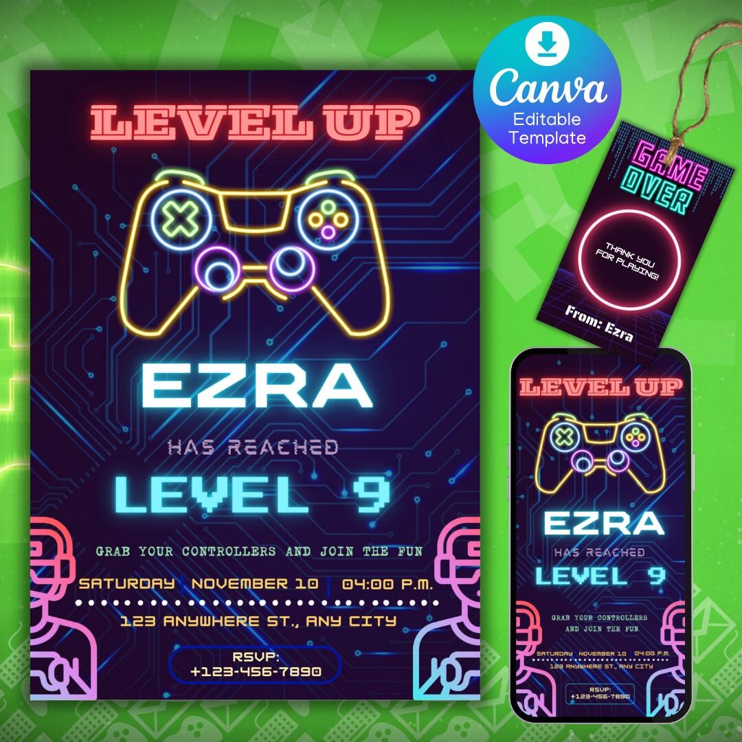 Editable Video Game Party Level up Birthday Invite, Gamer Boy Neon Glow ...