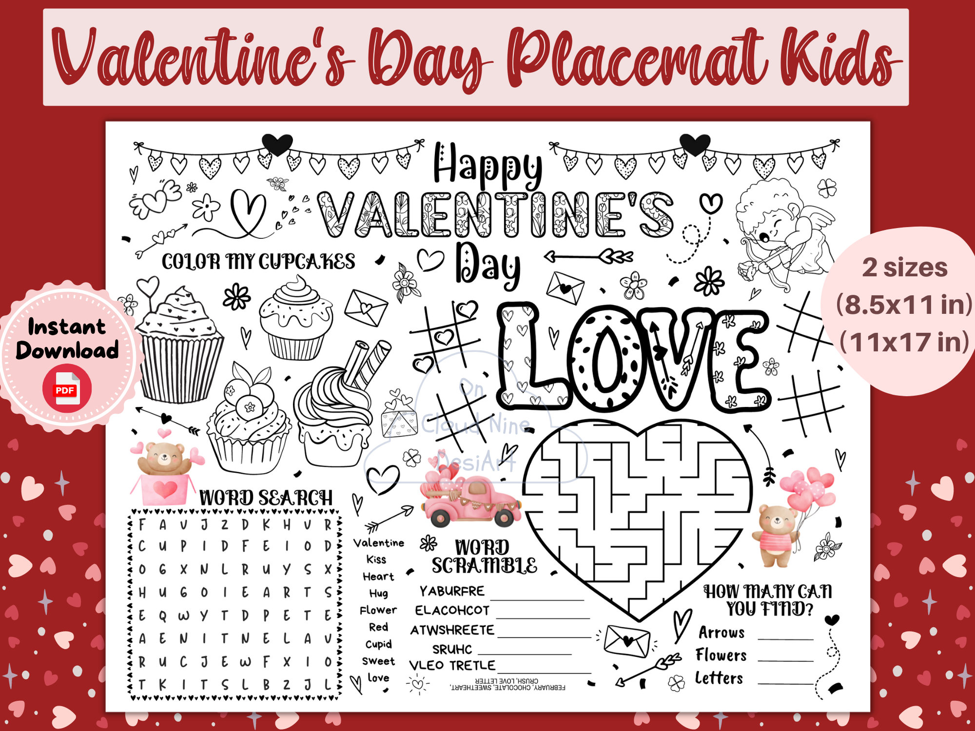 Valentine's Day Coloring Placemat for Kids, Activity Mat (digital ...
