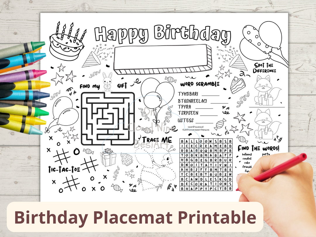 Birthday Placemat Printable, Happy Birthday Placemat, Birthday Favor ...