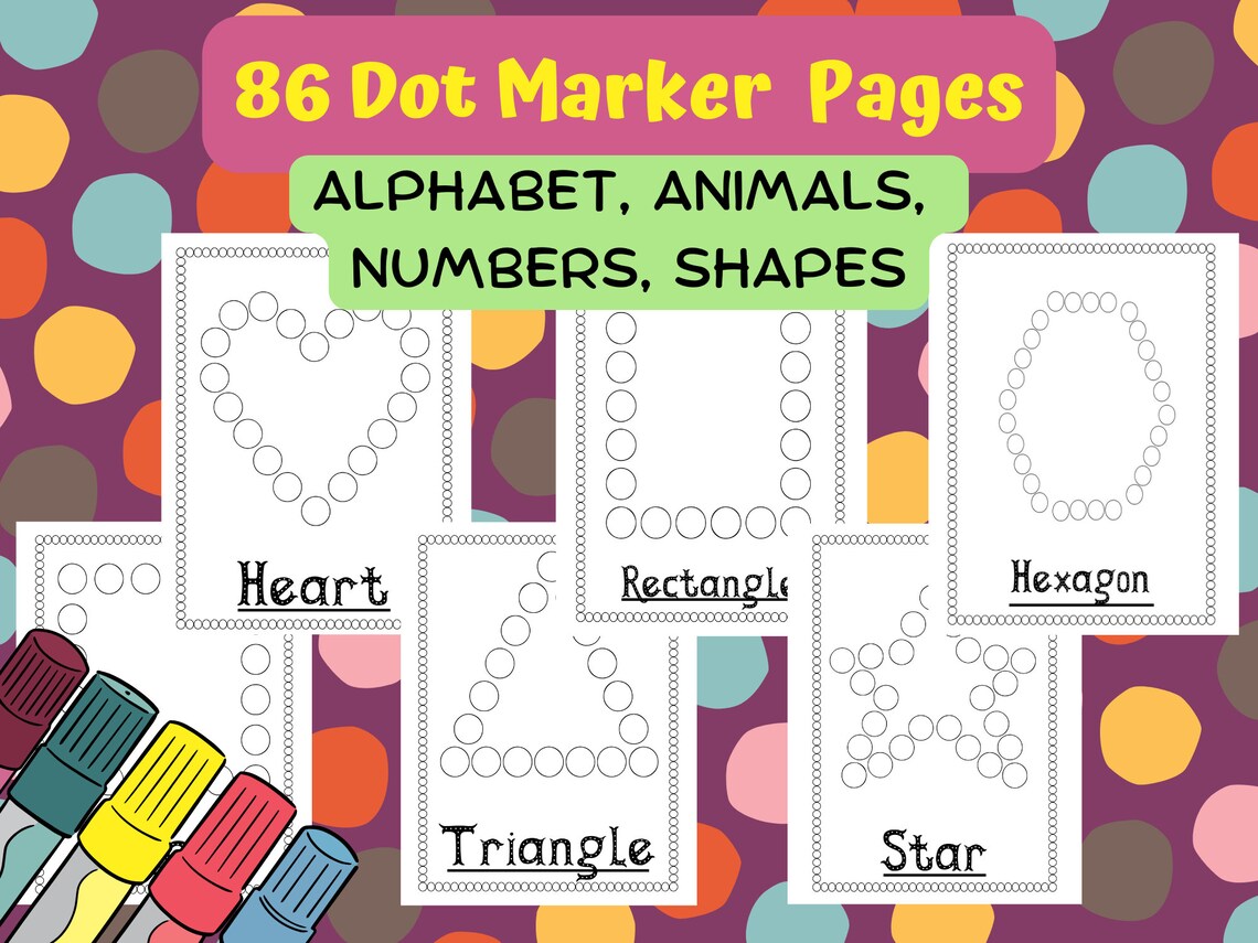 Animals Numbers Shapes Dot Marker Pages for Kids, Dot to Dot Coloring ...