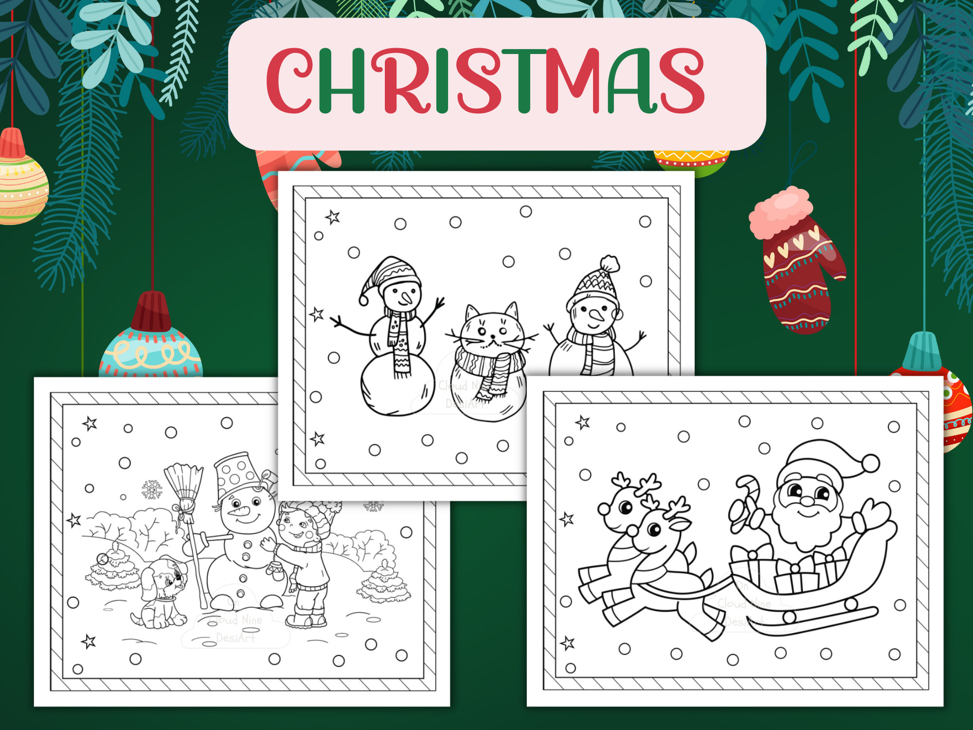 Christmas Coloring Pages for Kids, Winter Coloring Book, Santa, Snowman ...