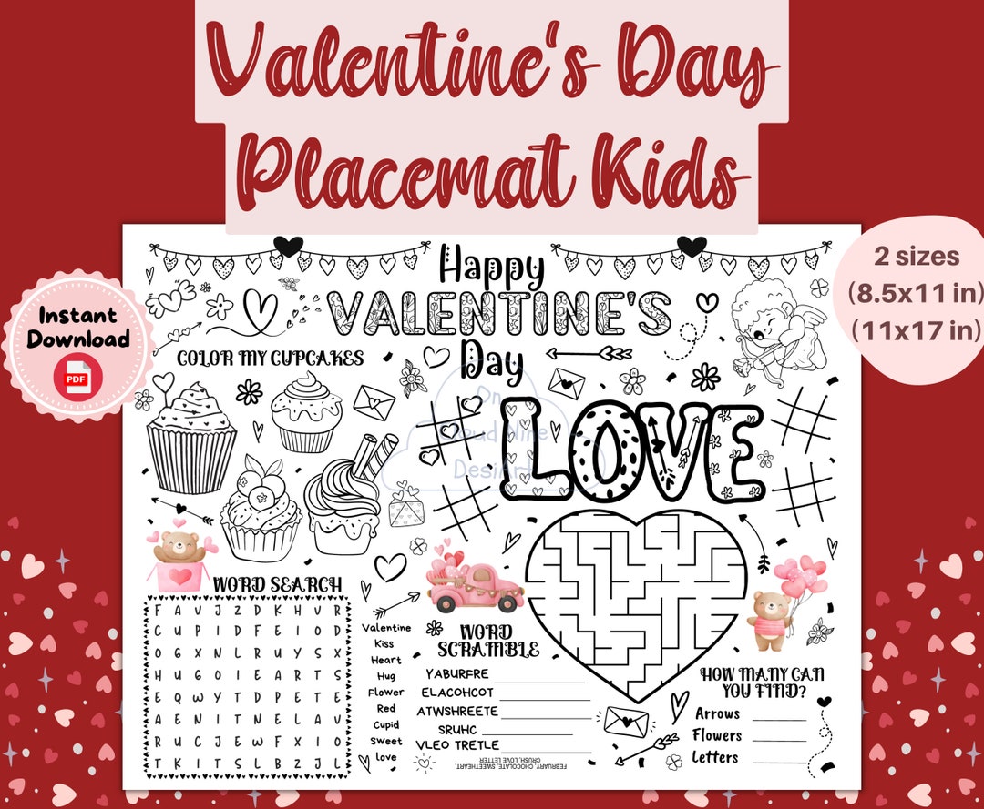 Valentine's Day Coloring Placemat for Kids, Activity Mat (digital ...
