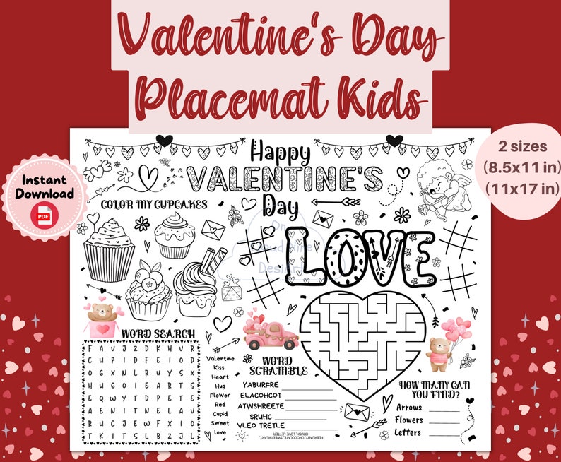 Valentine 's Placemat Kids, Printable Valentines Activity Mat ...