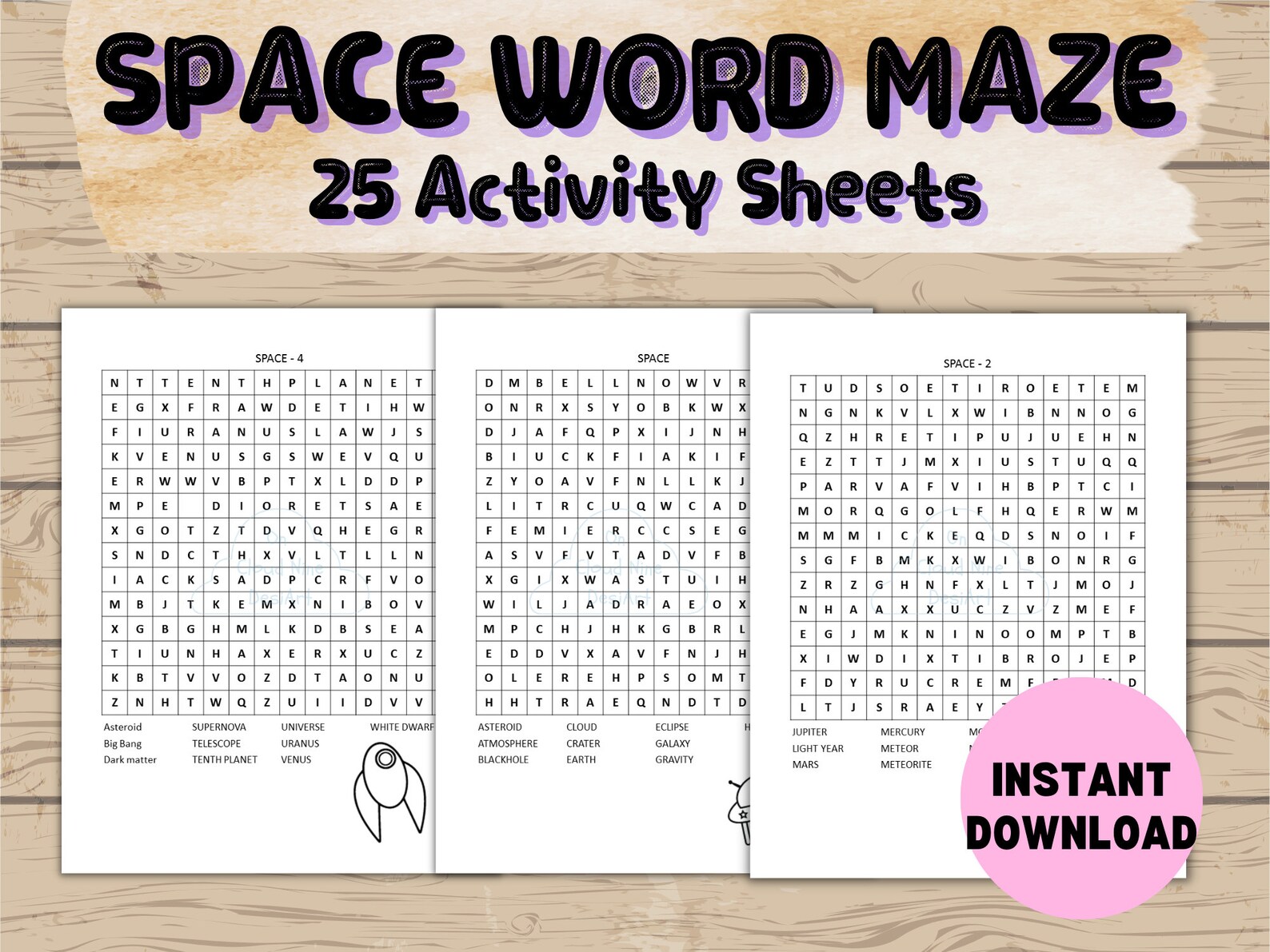 Space Word Search Activity Sheets for Kids, Maze Pages, Space Mazes ...