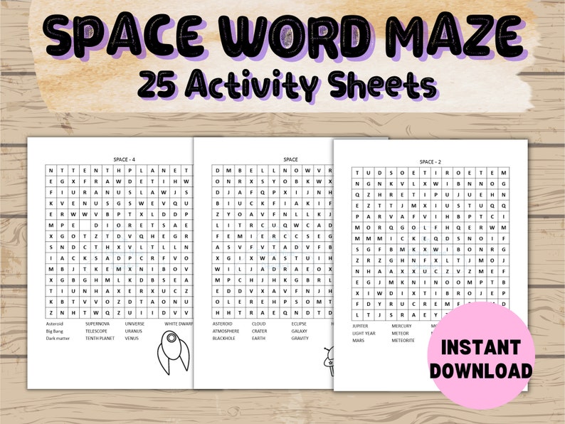 Space Word Search Activity Sheets for Kids, Maze Pages, Space Mazes ...