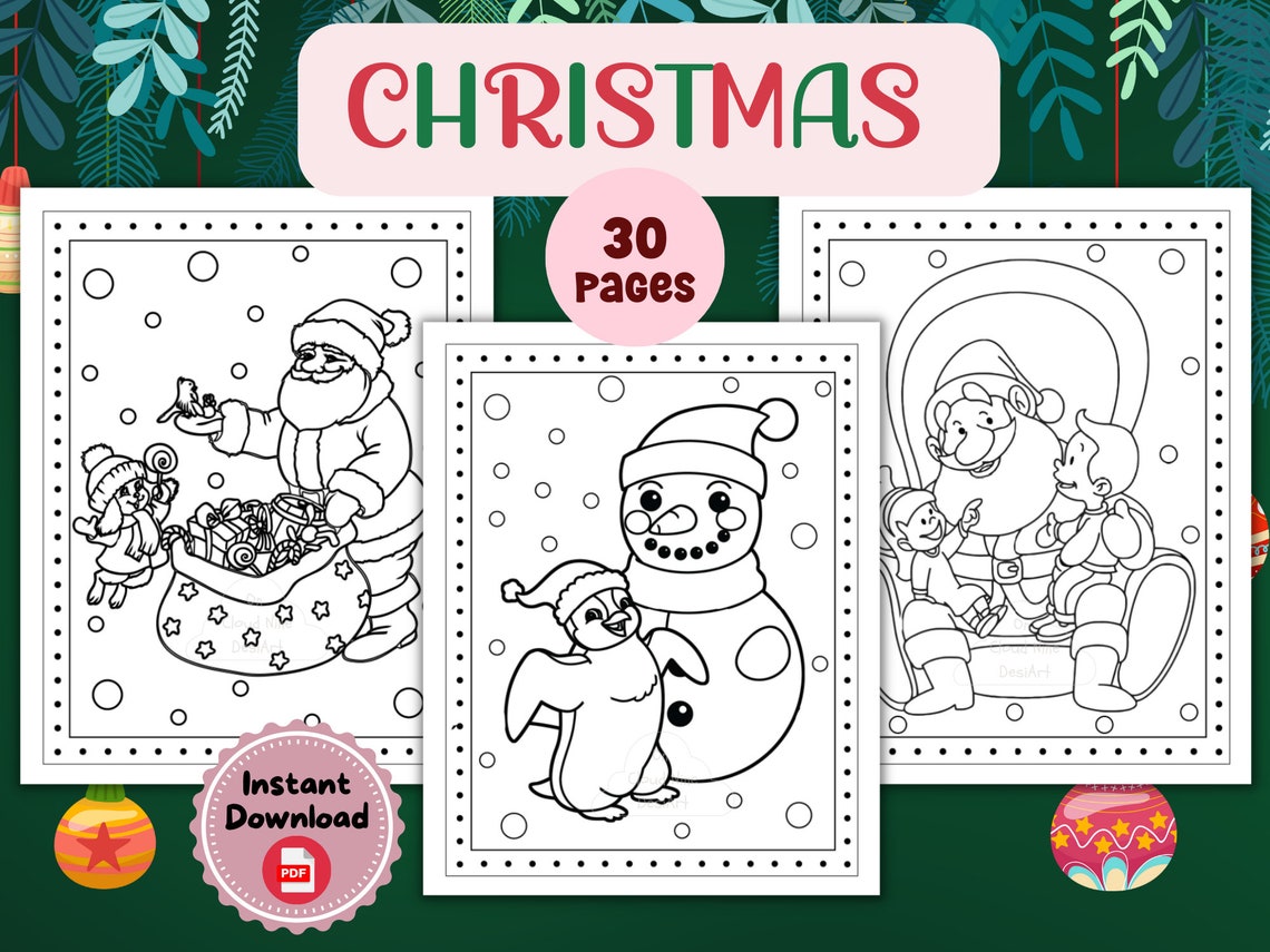 Christmas Coloring Pages for Kids, Winter Coloring Book, Santa, Snowman ...