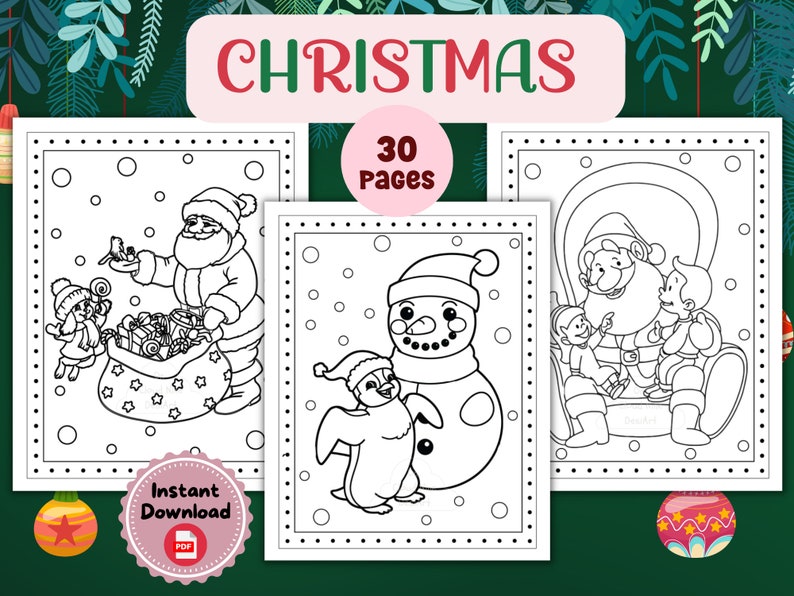Christmas Coloring Pages for Kids, Winter Coloring Book, Santa, Snowman ...