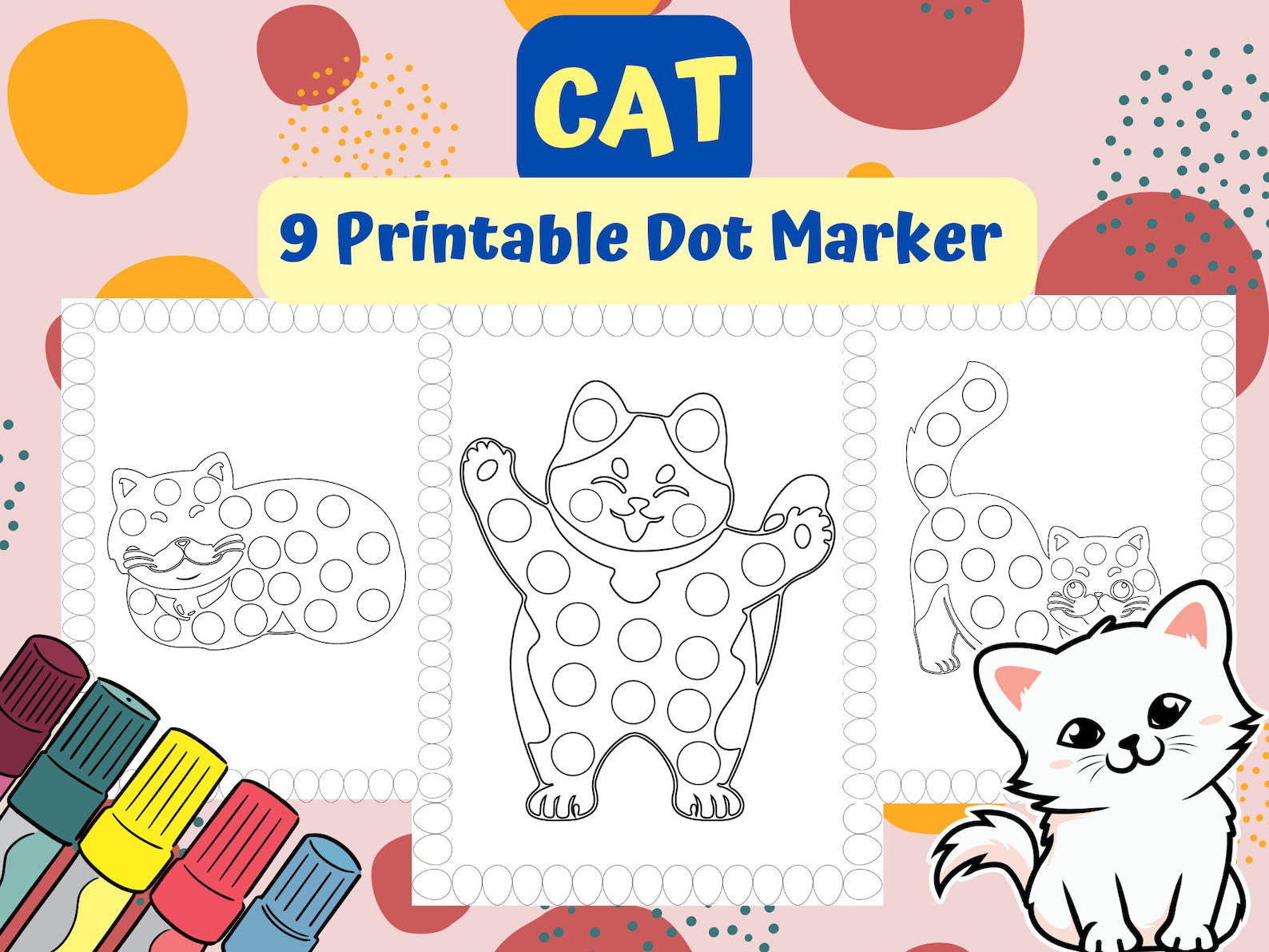 Cat Dot Marker Pages for Kids, Dot to Dot Coloring Pages, Funny Cats ...