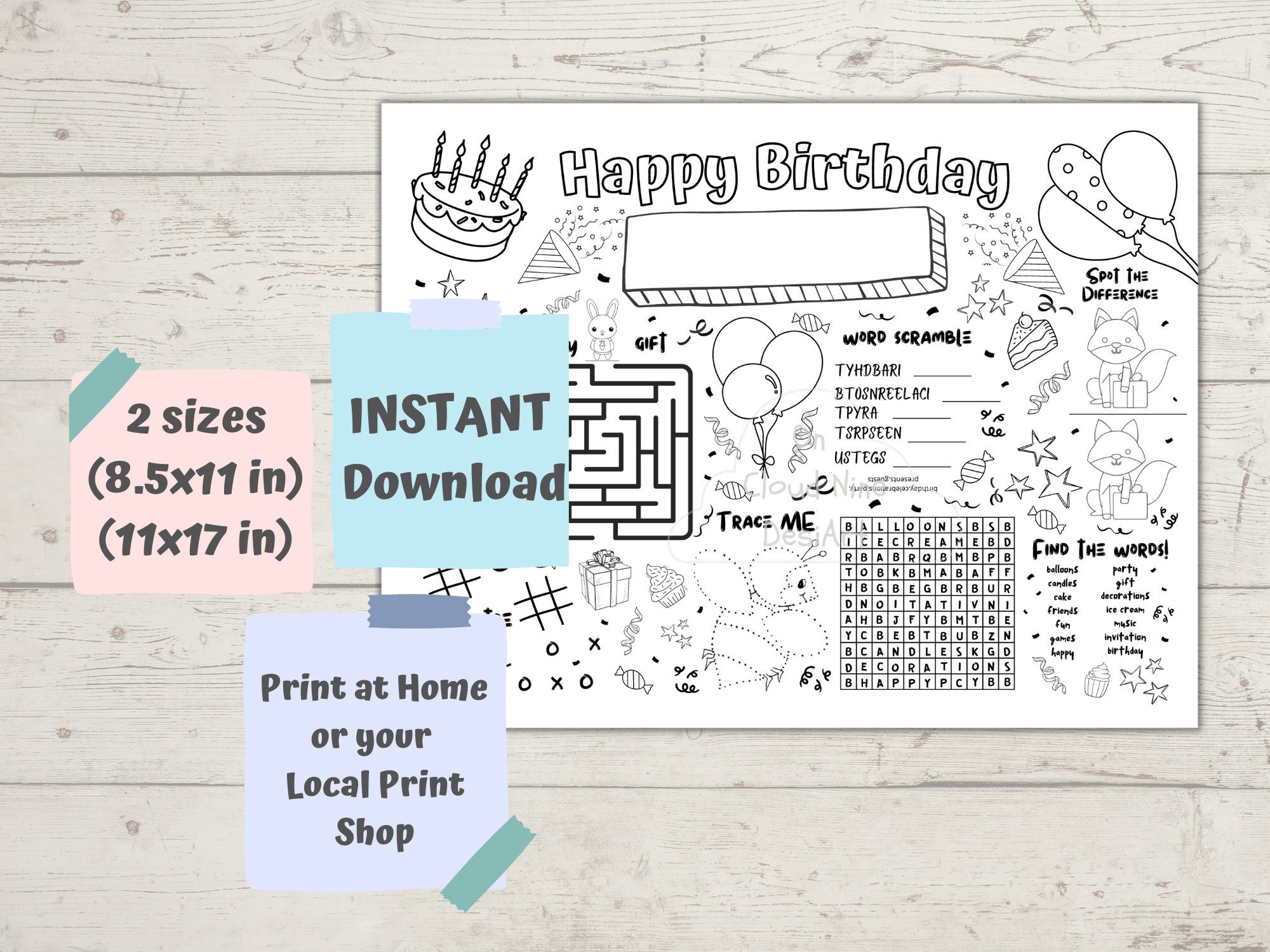 Birthday Placemat Printable, Happy Birthday Placemat, Birthday Favor ...