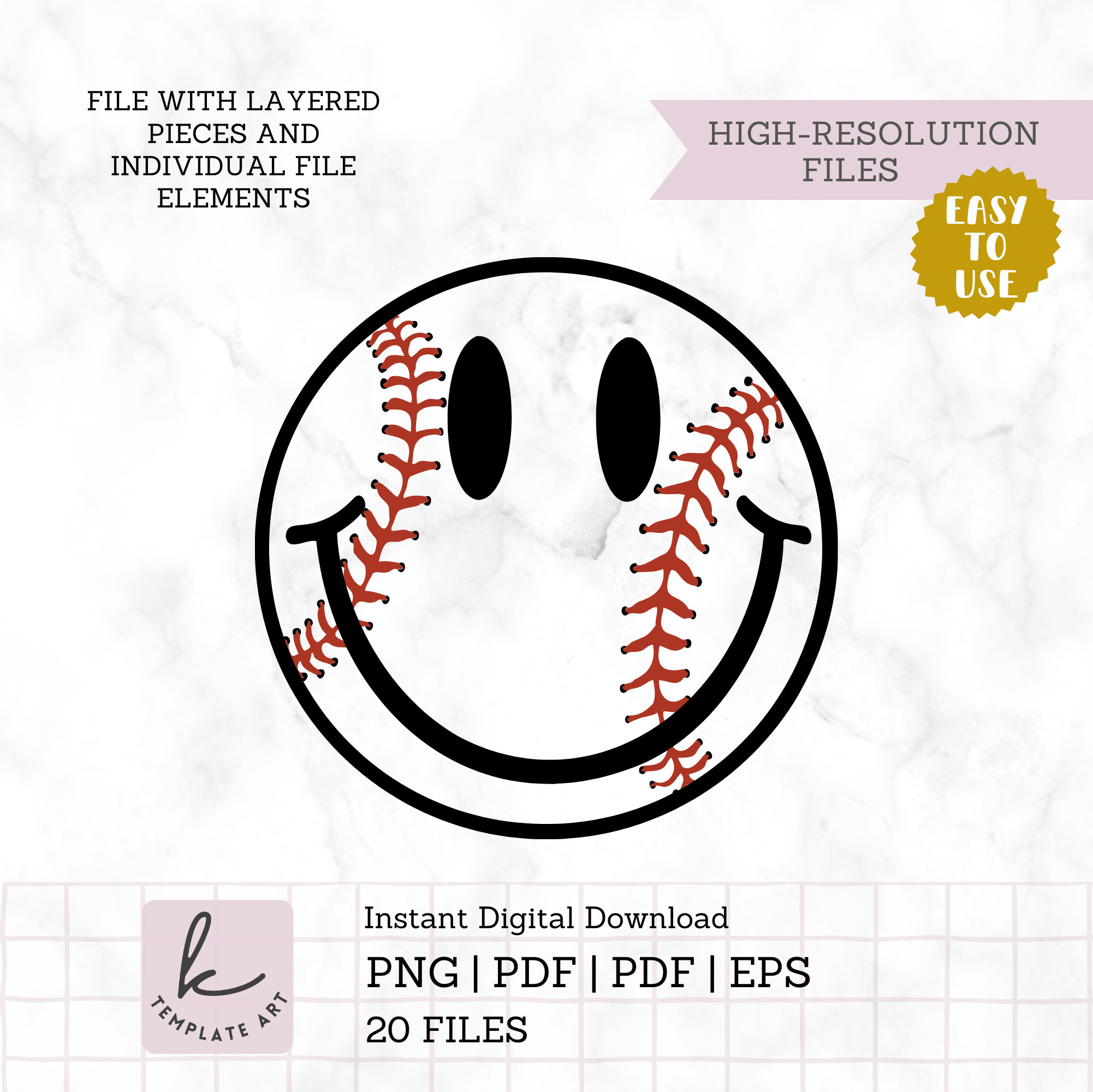 Retro Baseball Smiley Face SVG and PNG Layered Files, Baseball Smiley ...