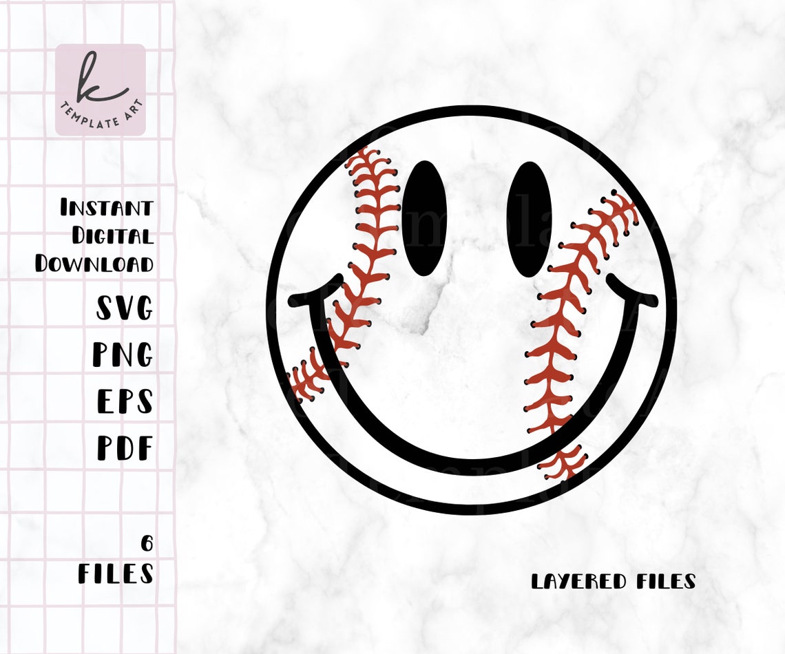 Retro Baseball Smiley Face SVG and PNG Layered Files Baseball - Etsy