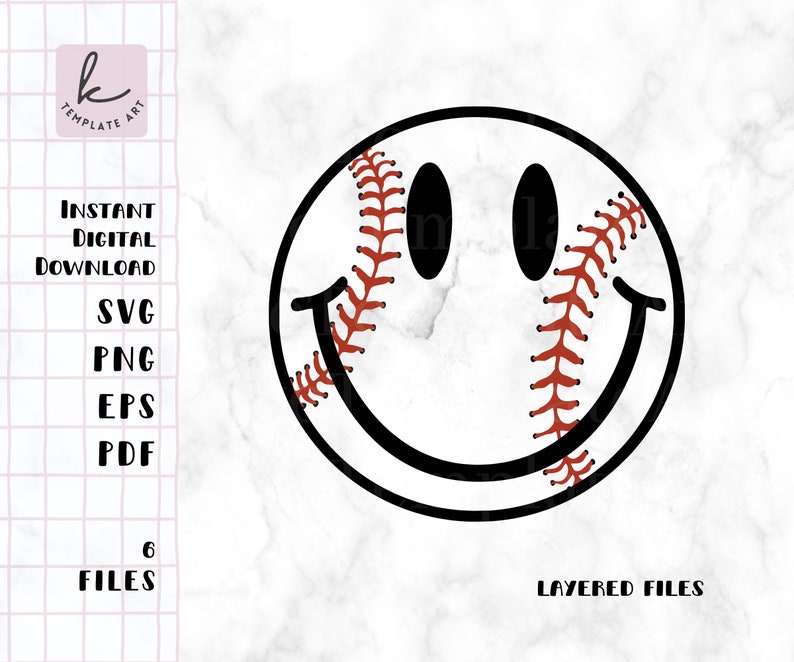 Retro Baseball Smiley Face SVG and PNG Layered Files Baseball - Etsy