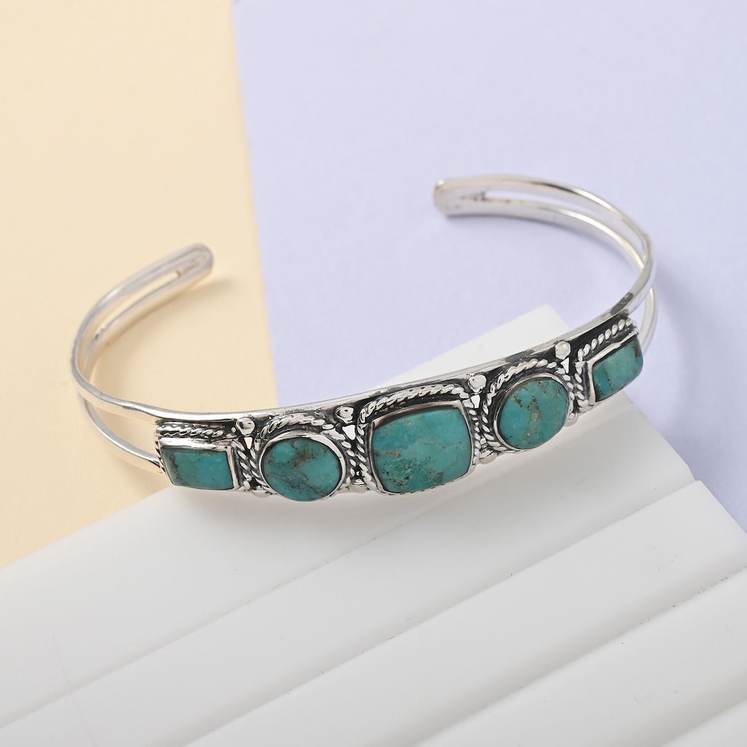 Turquoise Gemstone Cuff Bangle Bracelet 925 Sterling Silver Statement ...