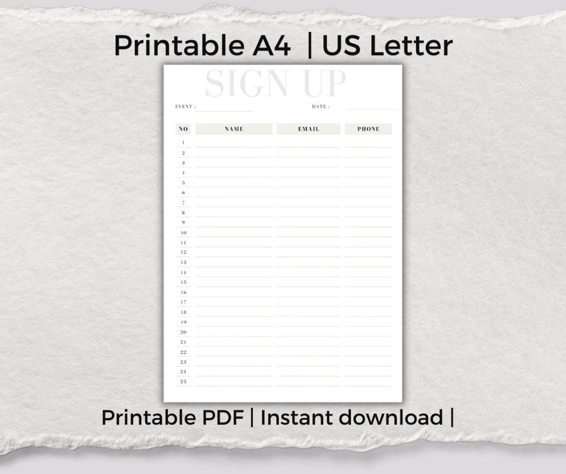 Sign up Sheet | Printable Minimalistic Sign up Sheet | PDF Printable ...