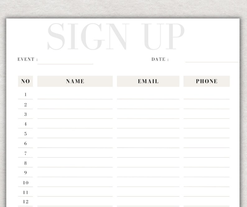 Sign up Sheet | Printable Minimalistic Sign up Sheet | PDF Printable ...