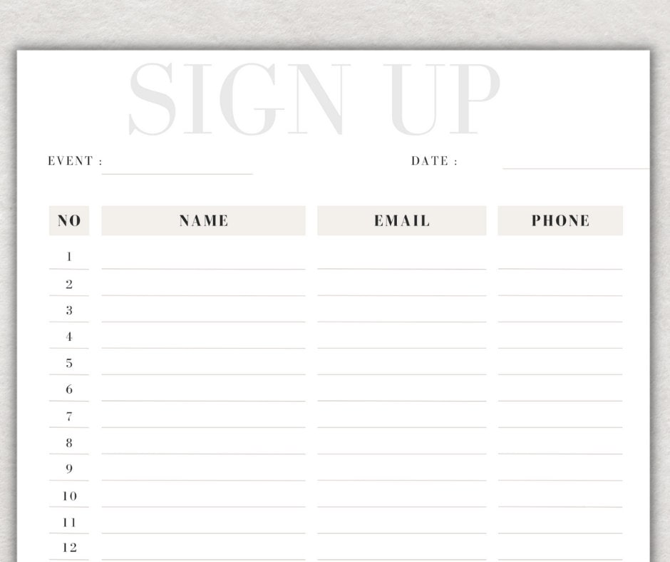 Sign up Sheet Printable Minimalistic Sign up Sheet PDF Printable A4 ...
