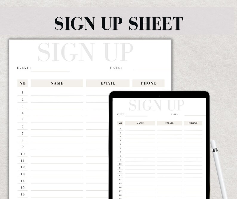 Sign up Sheet | Printable Minimalistic Sign up Sheet | PDF Printable ...