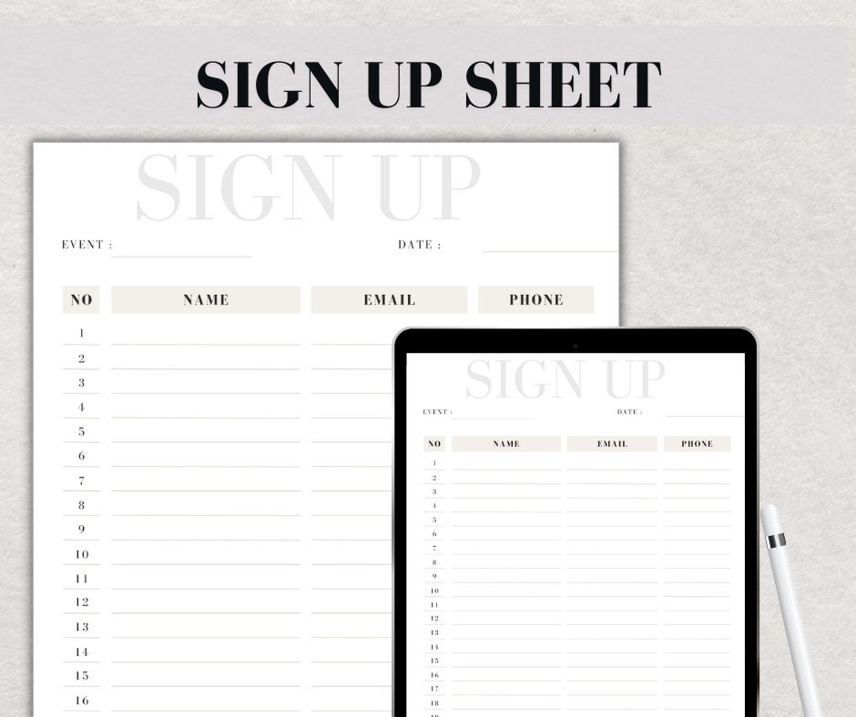 Sign up Sheet | Printable Minimalistic Sign up Sheet | PDF Printable ...