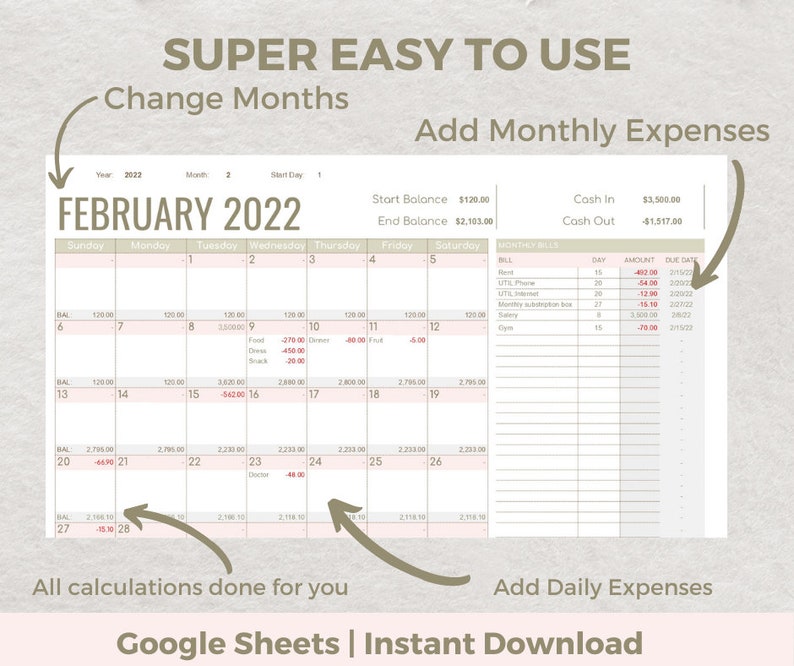 Monthly Budget Calendar Google Spreadsheet Template Excel Etsy Monthly Budget Calendar Google Spreadsheet Template Excel Etsy