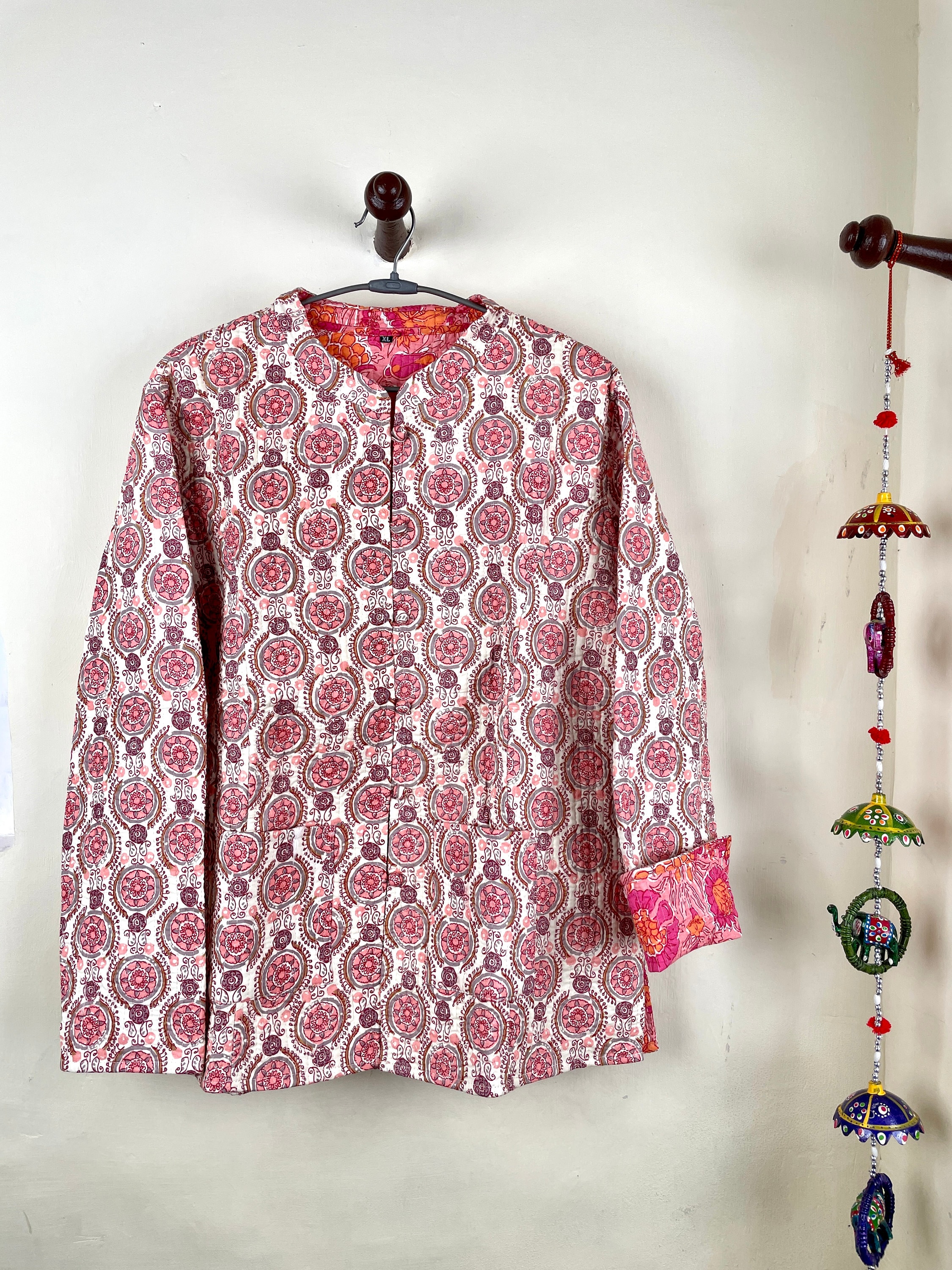 Indian Handmade Quilted Fabric Jacket Stylish White & Pink Floral Women ...