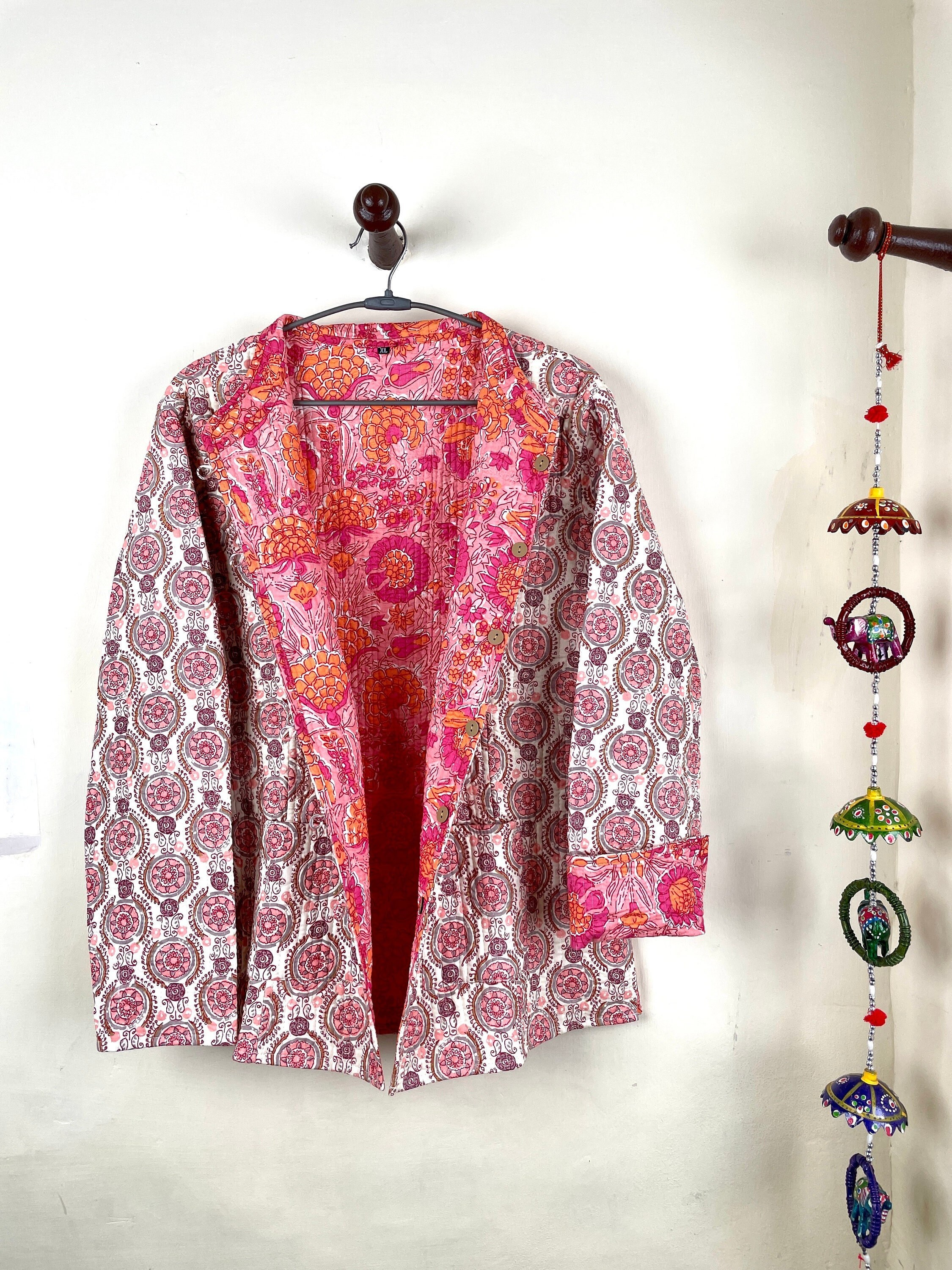 Indian Handmade Quilted Fabric Jacket Stylish White & Pink Floral Women ...