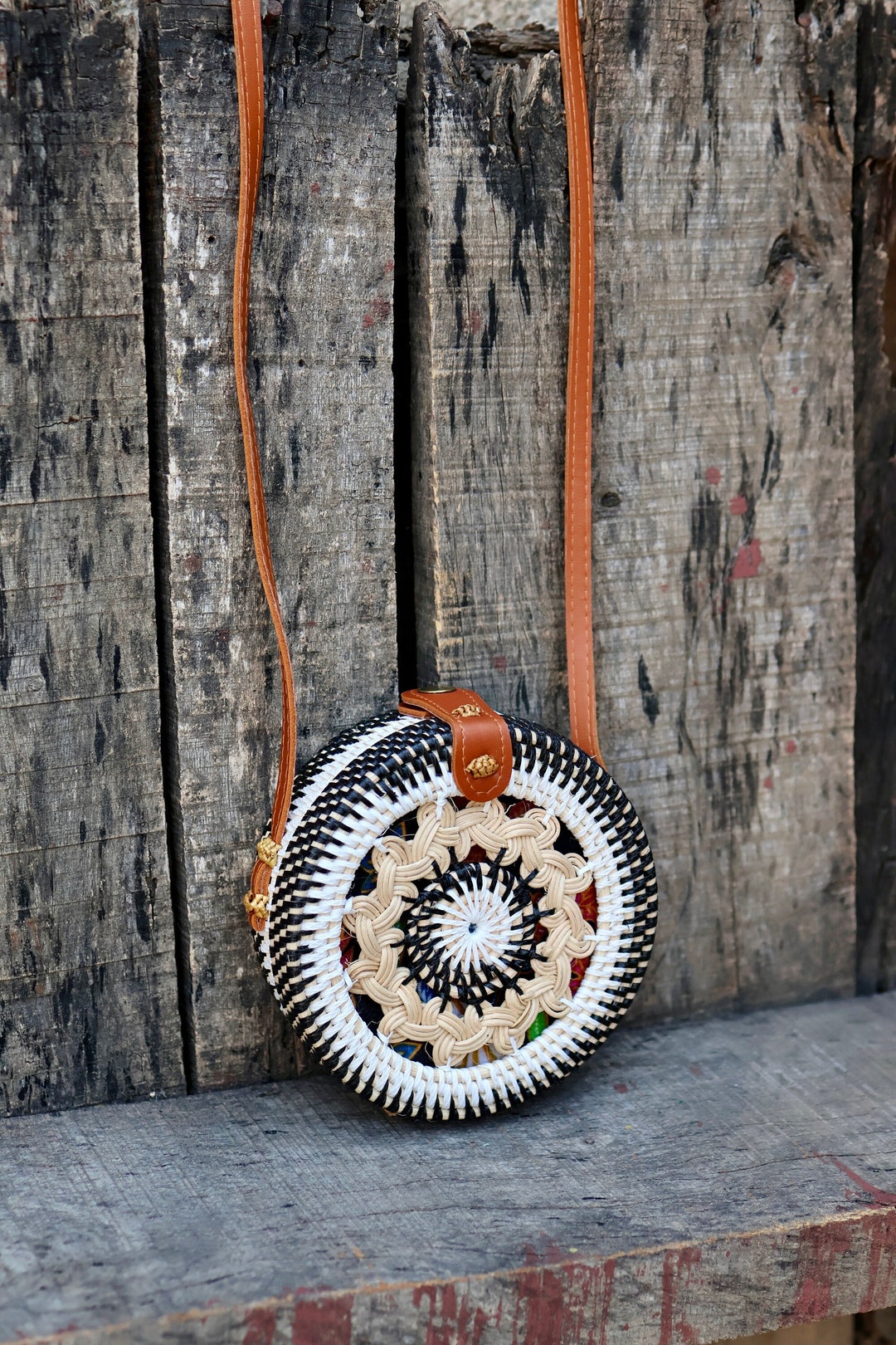 Black Round Rattan Bag With Braid Pattern, Bali Bags, Handwoven ...